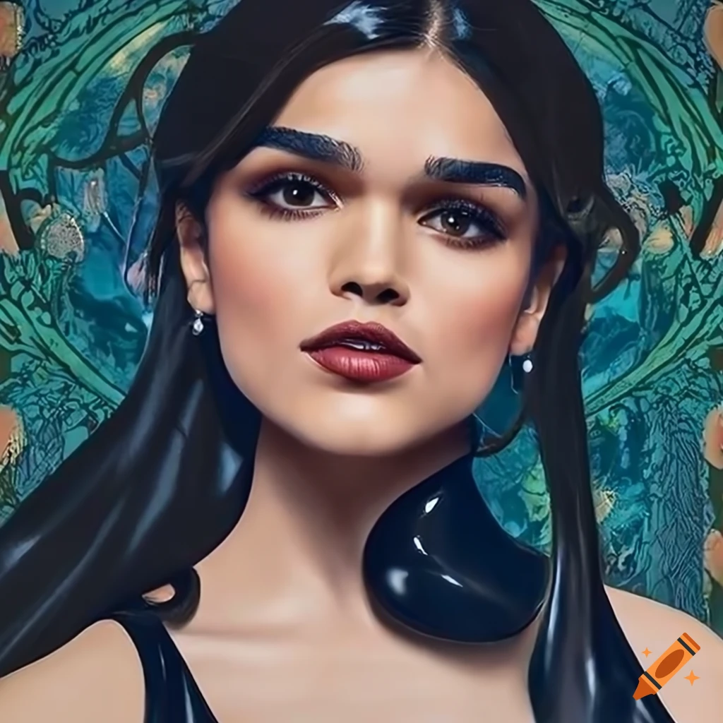Portrait of Rachel Zegler in art nouveau style with symmetrical facial features on Craiyon