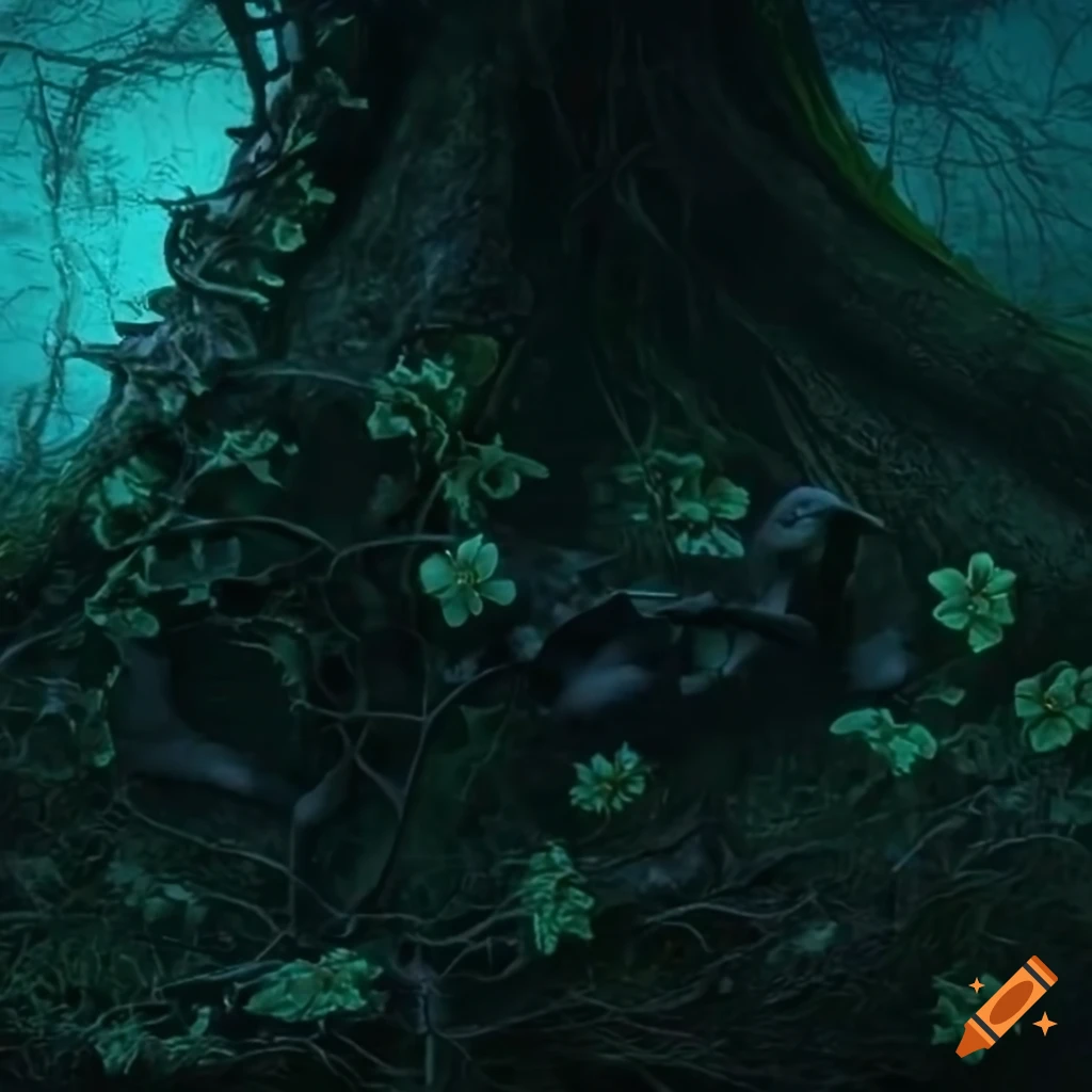 Fantasy landscape with flowers, birds, mythological creatures, and snakeskin trees in 4K ...