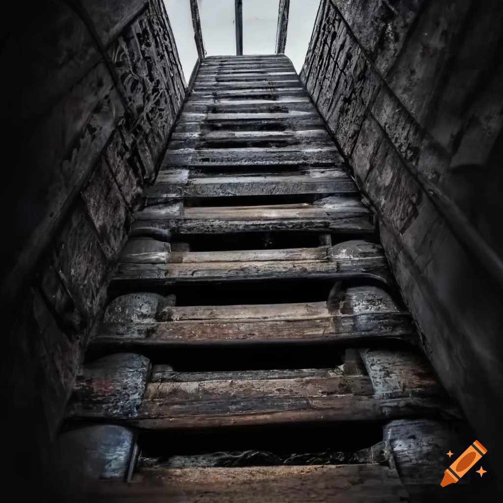 Old metal ladder leading up a dark narrow circular passage on Craiyon