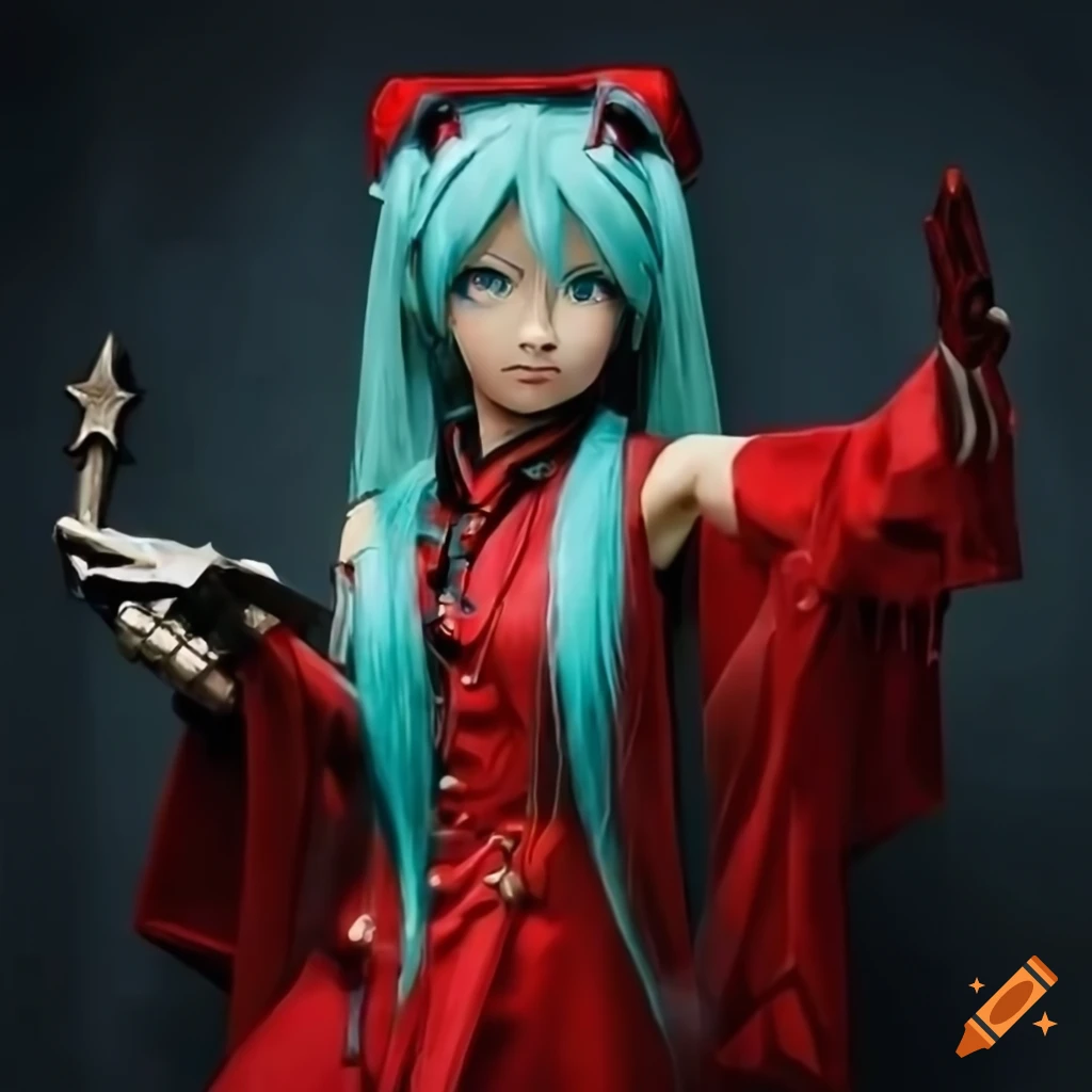 Hatsune miku as a warhammer 40k tech-priest explorator in red robes and jackets with mechanical ...