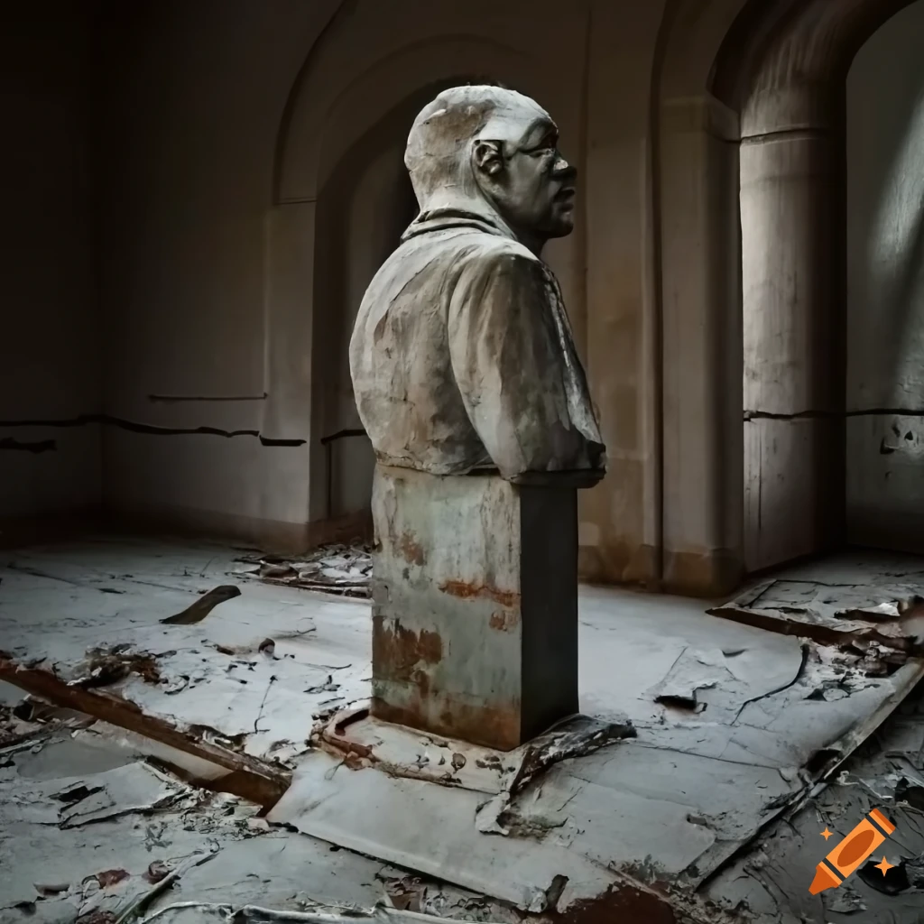 Abandoned destroyed statues busts of lenin from the back view on Craiyon