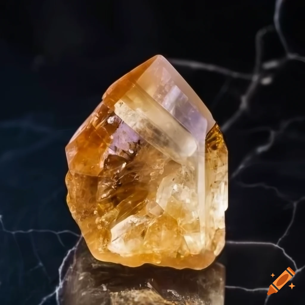 Stunning closeup of raw citrine crystal on black marble background on ...