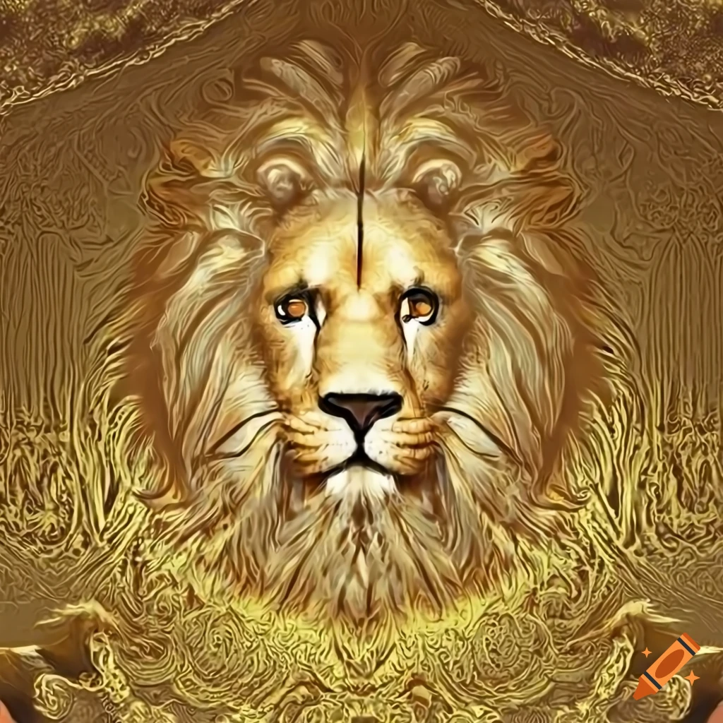 Golden lion face on white background with intricate patterns on Craiyon