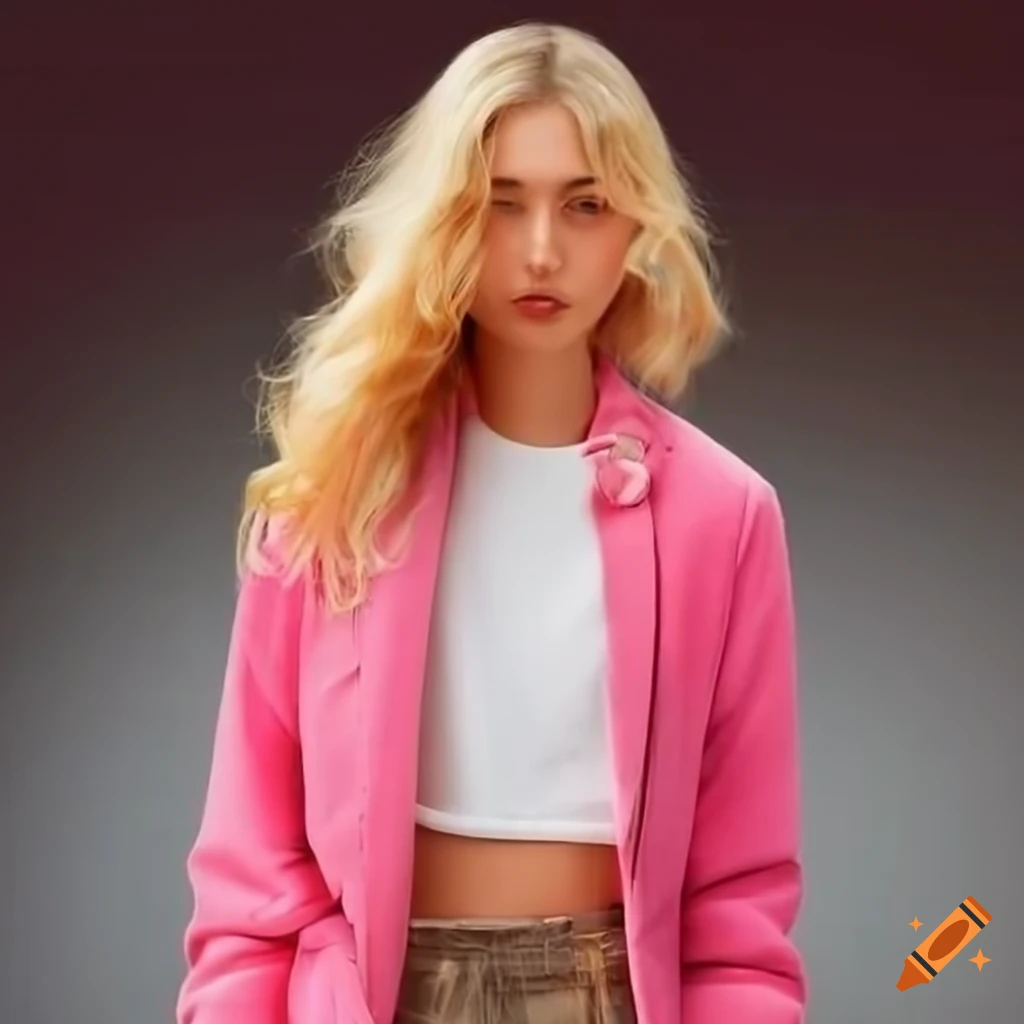 Preppy girl with wavy blonde hair, pink jacket, white crop top, and ...