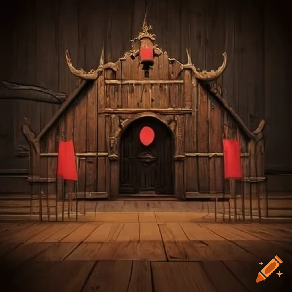 Viking clan hall with red flags on wooden walls on Craiyon