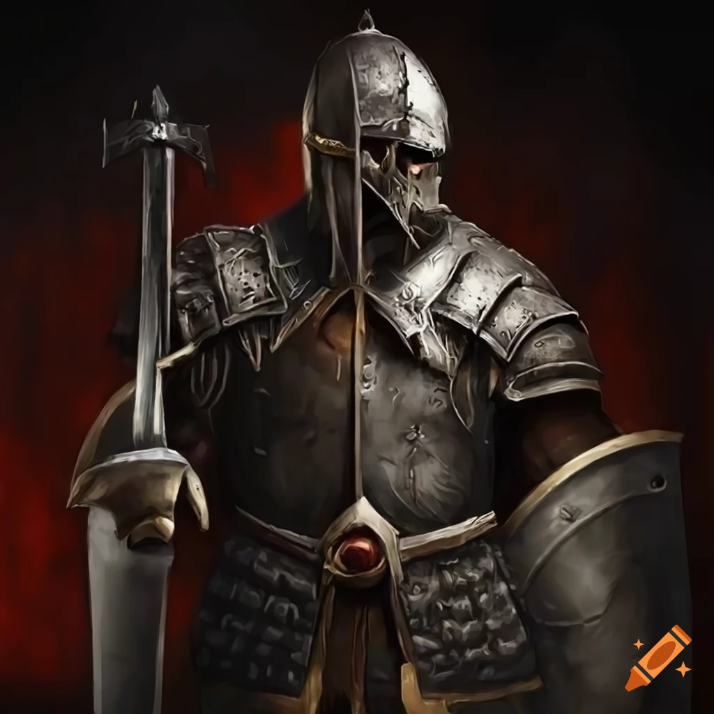 Gritty portrait of a bloodied Orc warrior in full plate armor with ...