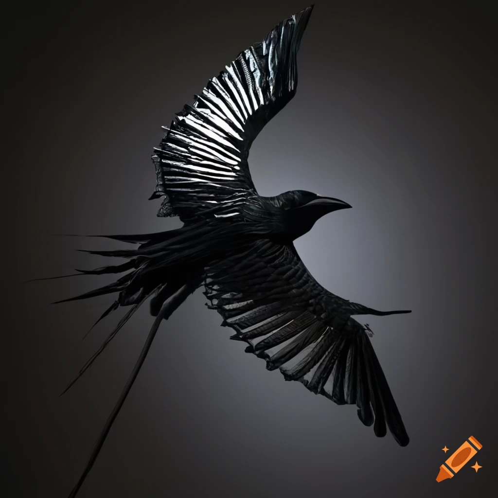 Biomechanical decomposed flying crow made of mesh, cables, and LEDs on ...