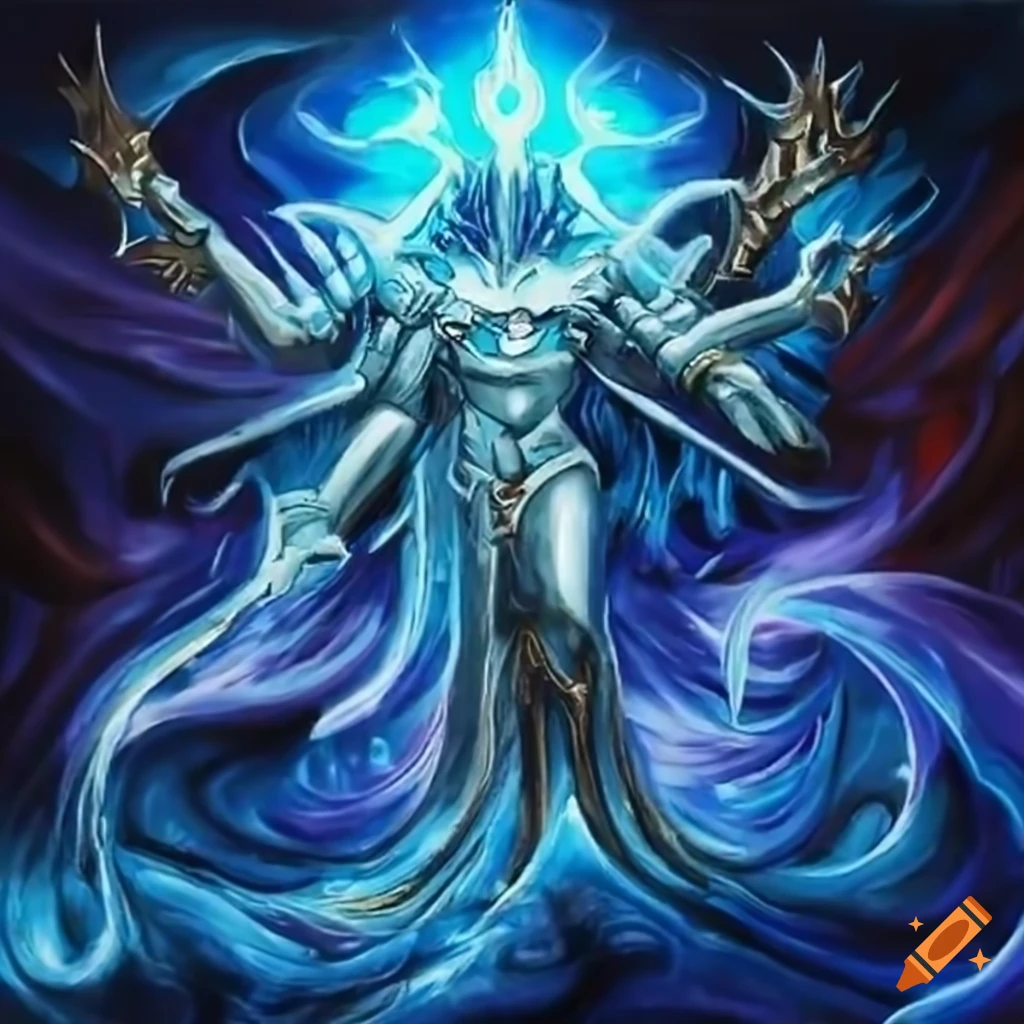 Yu-gi-oh art featuring a primordial god of water on Craiyon