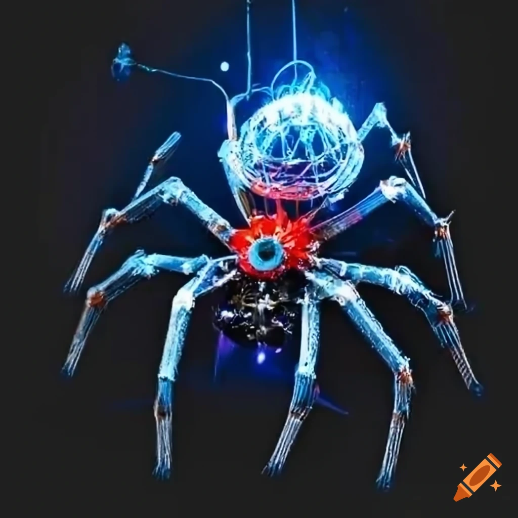 Mechanical spider with electric sparkles on Craiyon