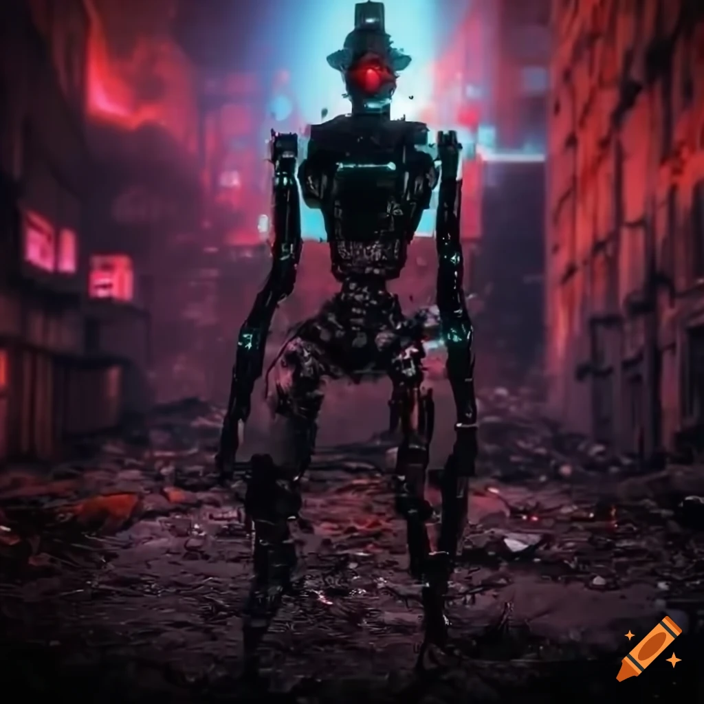 Cyberpunk Robot with red eyes and mechanical spider legs on a ruined ...