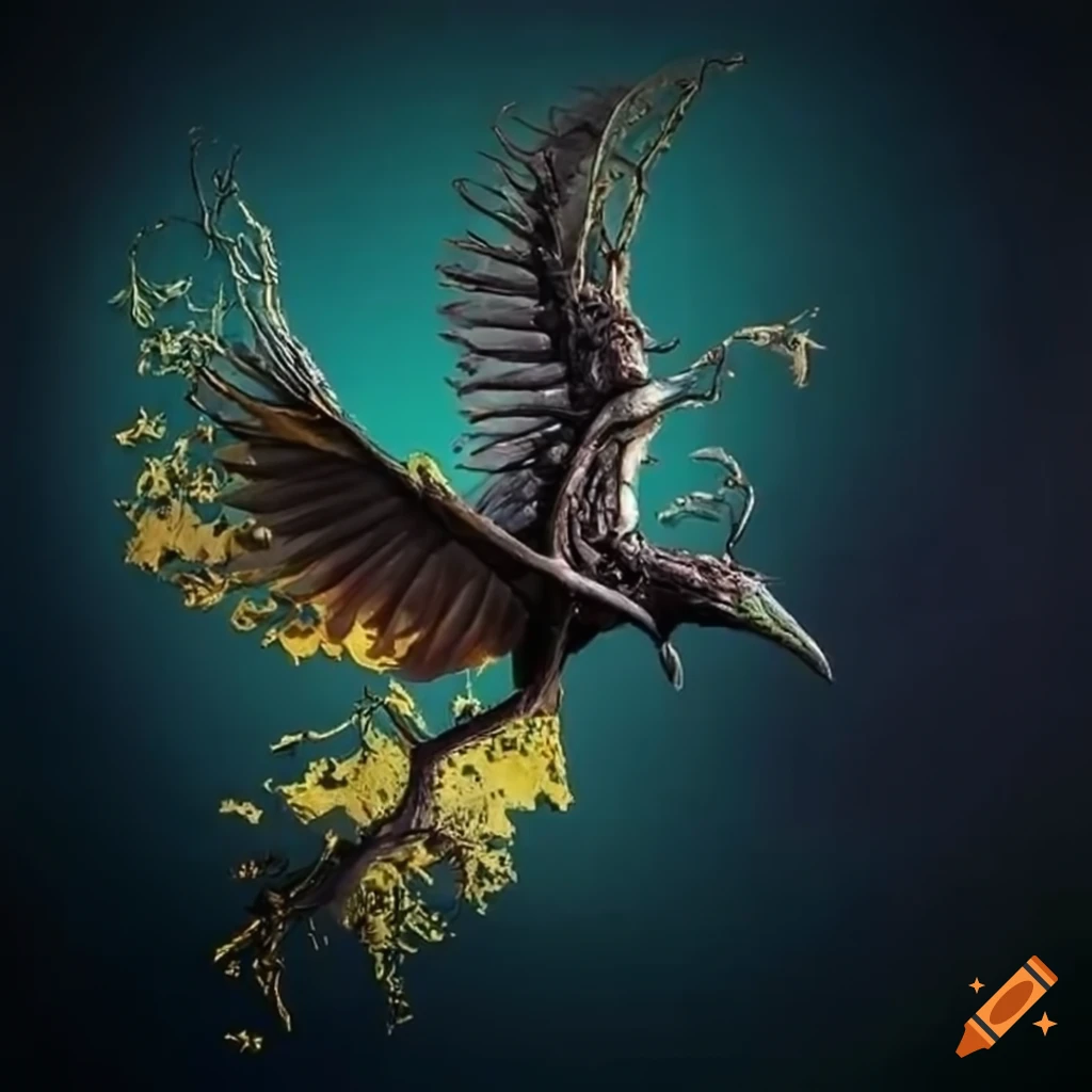 Cubist bio-mechanical raven in flight made from twisted roots and ...