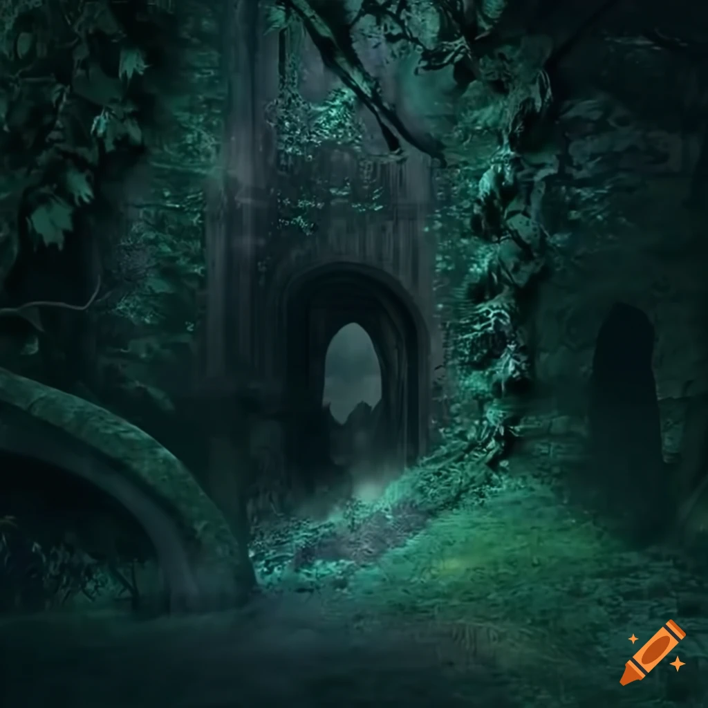 Fantasy scene with flowers, birds, snakeskin trees, ivy vines, and mythological creatures in ...