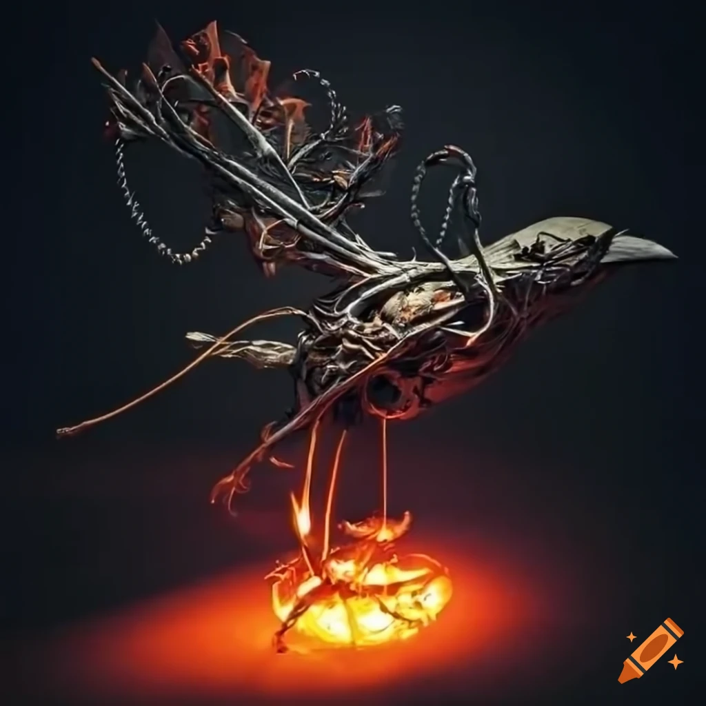 Bio-mechanical decomposed flying crow made of scrap metal and glowing ...