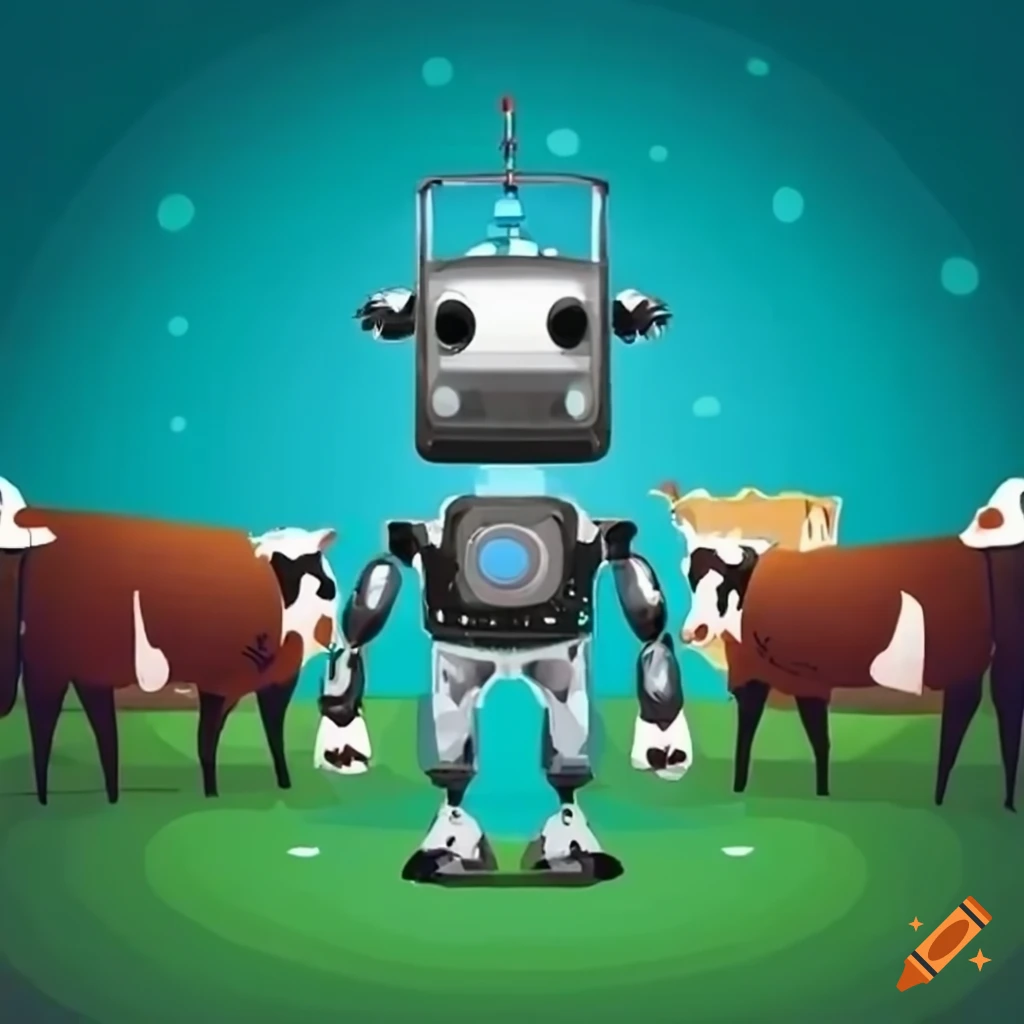 Robot standing in a farm surrounded by cows and sheep on Craiyon