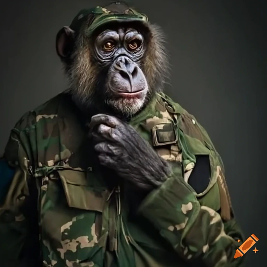 Chimpanzee in military uniform with russian flag in junkyard setting on ...