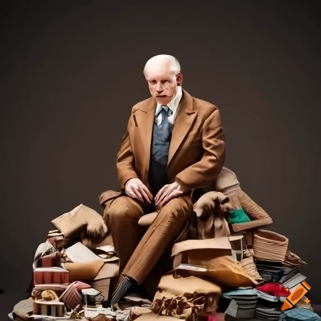 Elderly man in brown suit sitting on a pile of household objects on Craiyon