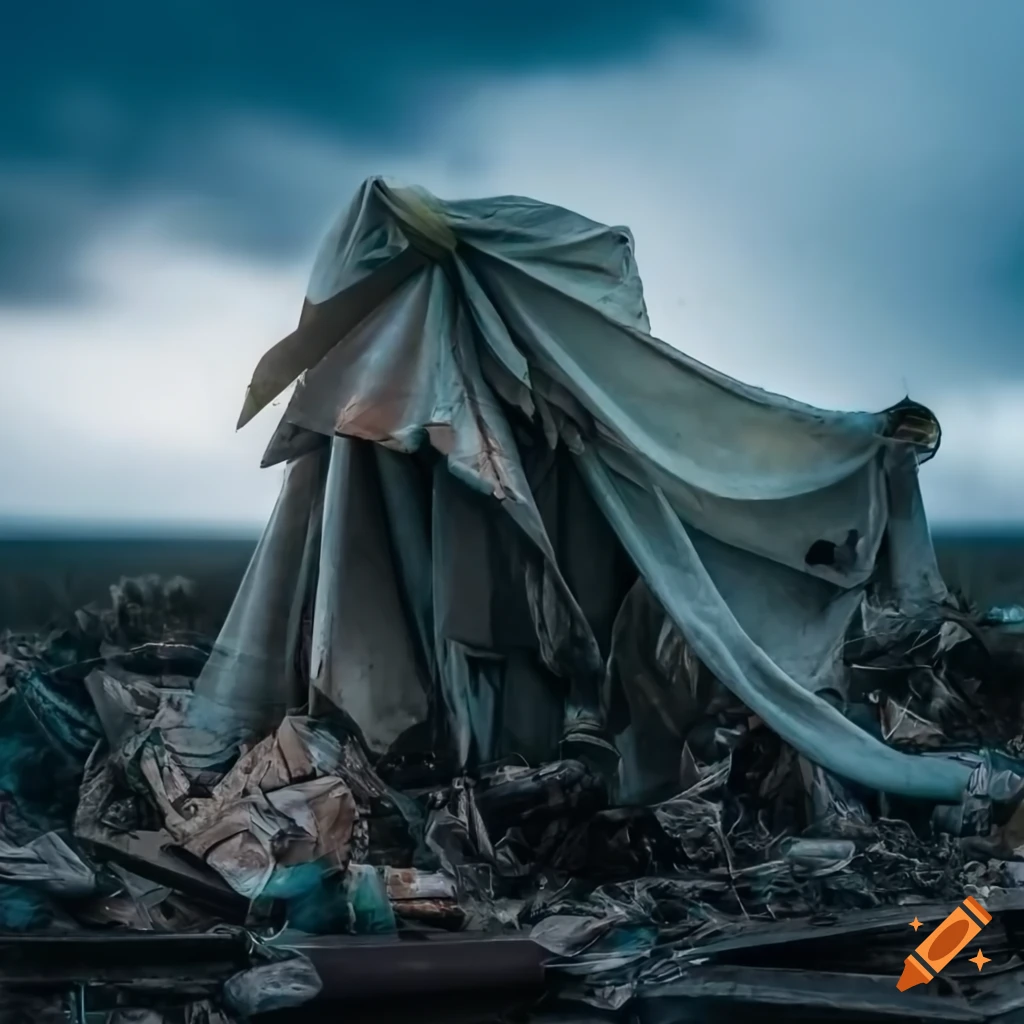 Weapons hidden under drapery in a chaotic junk-filled destroyed landscape on Craiyon