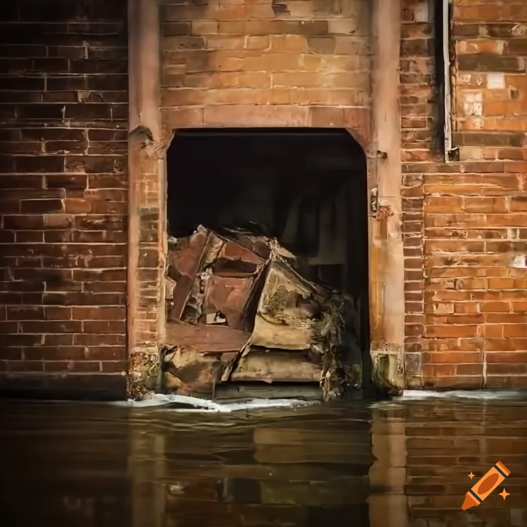 Destroyed couch in flooded brick doorway with sinking buildings in a ...