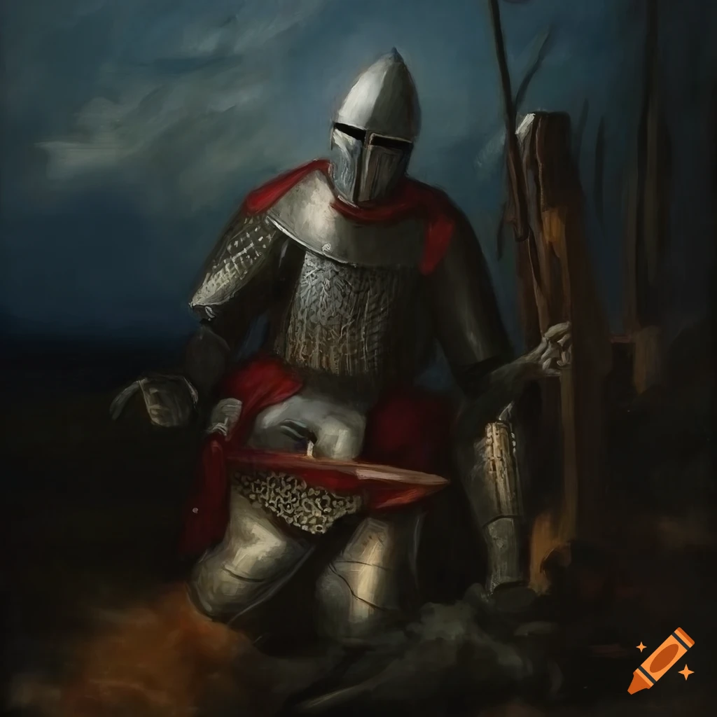 Lonely wounded knight in a snow-covered field from renaissance-inspired ...