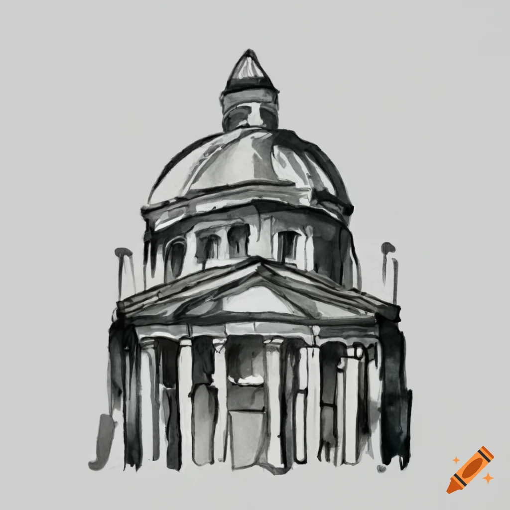 Minimalistic black and white ink drawing of a basilica in Roman times ...