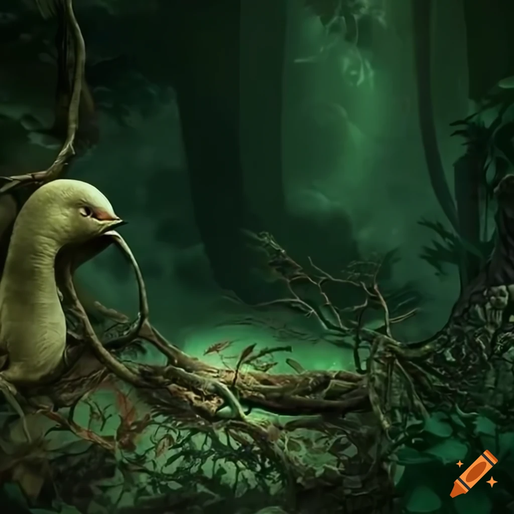 Fantasy scene with flowers, birds, snakeskin trees, ivy vines, and mythological creatures in ...