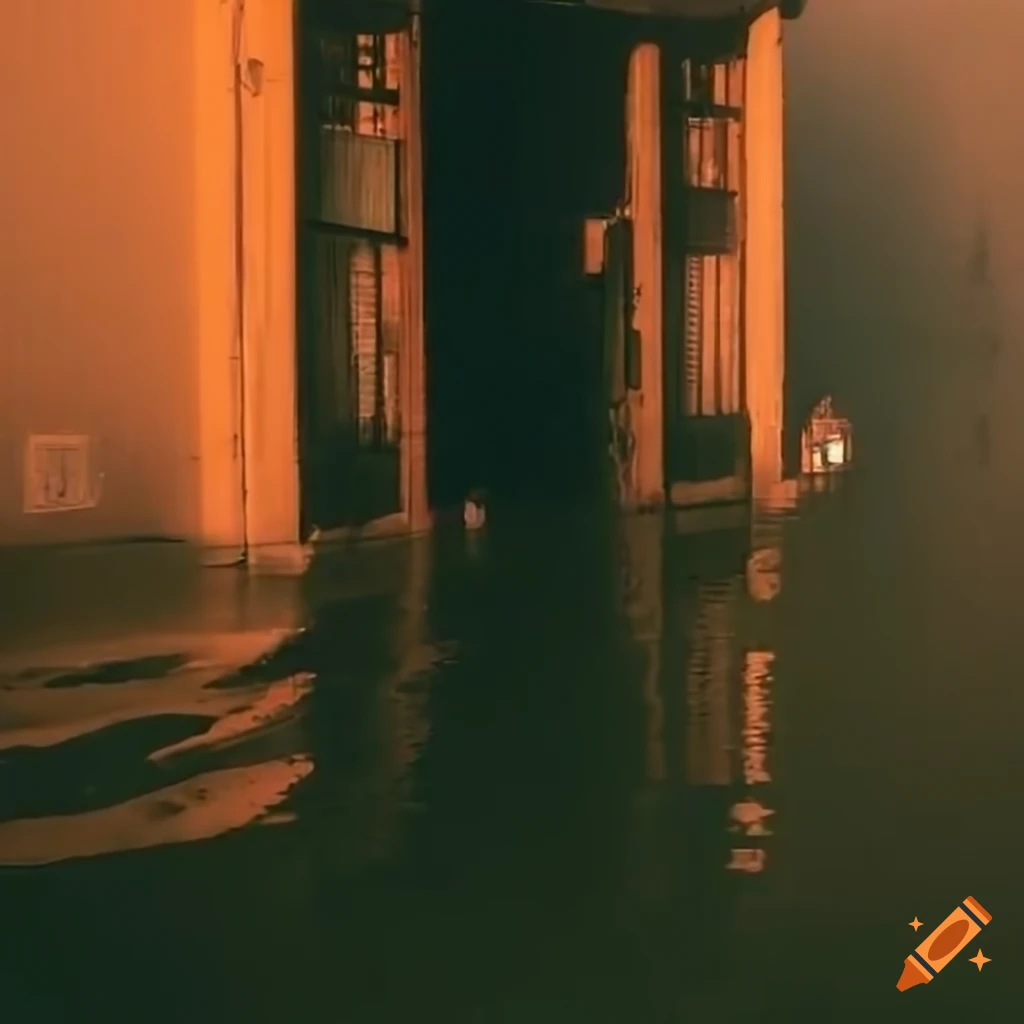 Flooded storefront with abandoned buildings sinking into the ocean in a ...