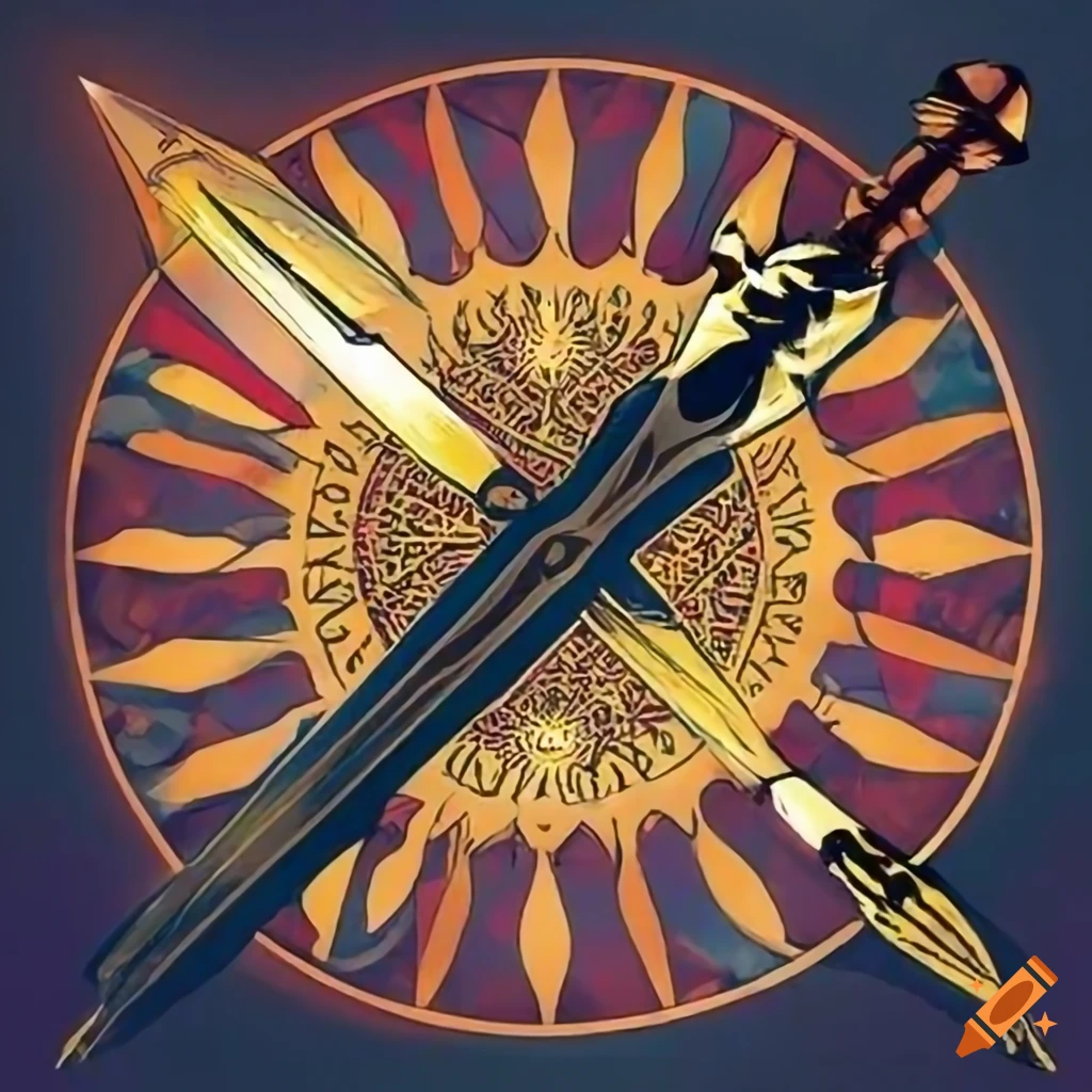 Tarot card style sunburst with sword piercing through at an angle on ...
