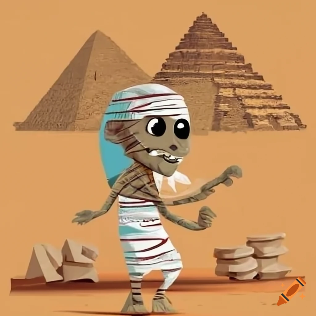 Cute dancing Egyptian mummy in front of pyramid on Craiyon
