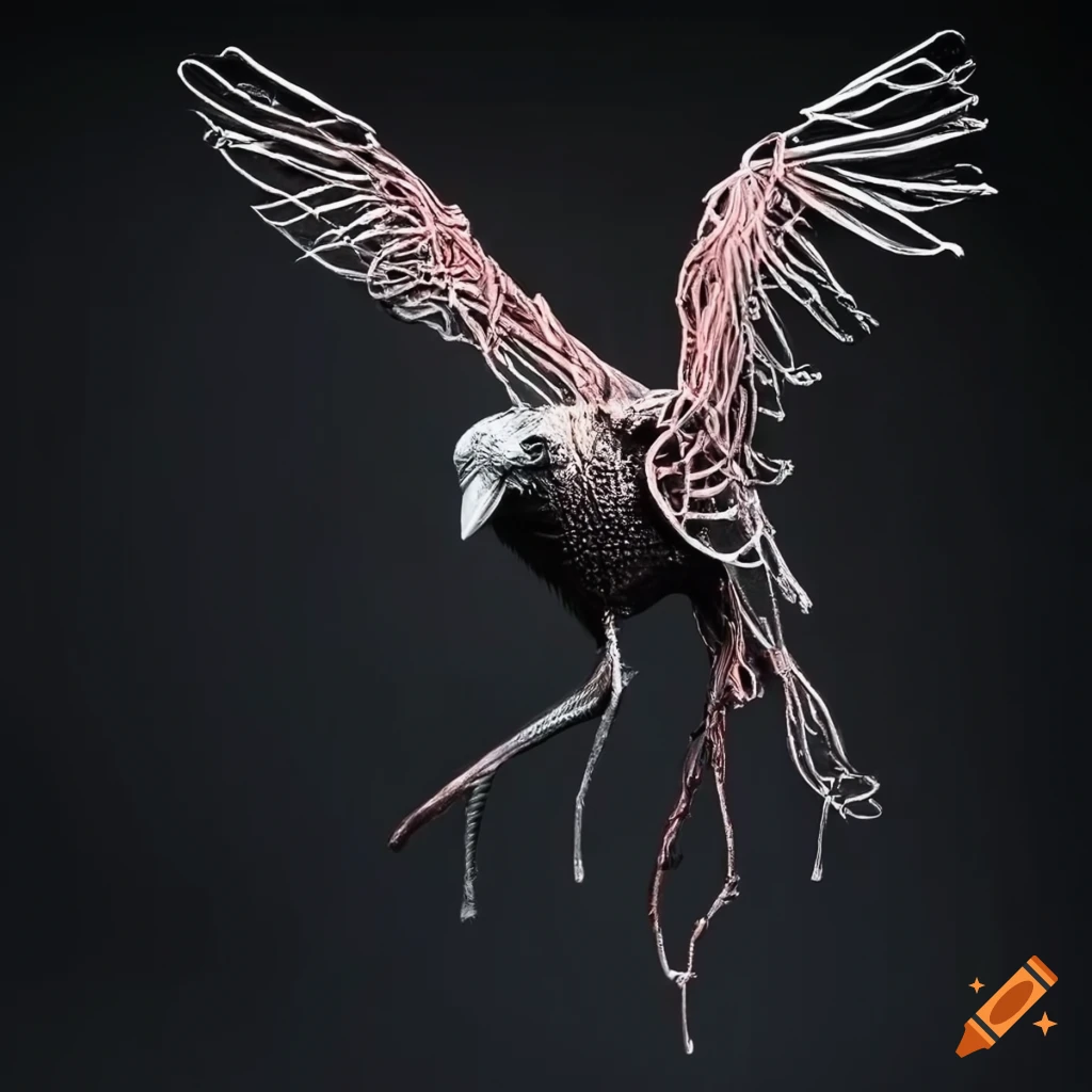 Biomechanical decomposed flying crow sculpture made of mesh, wires, and ...