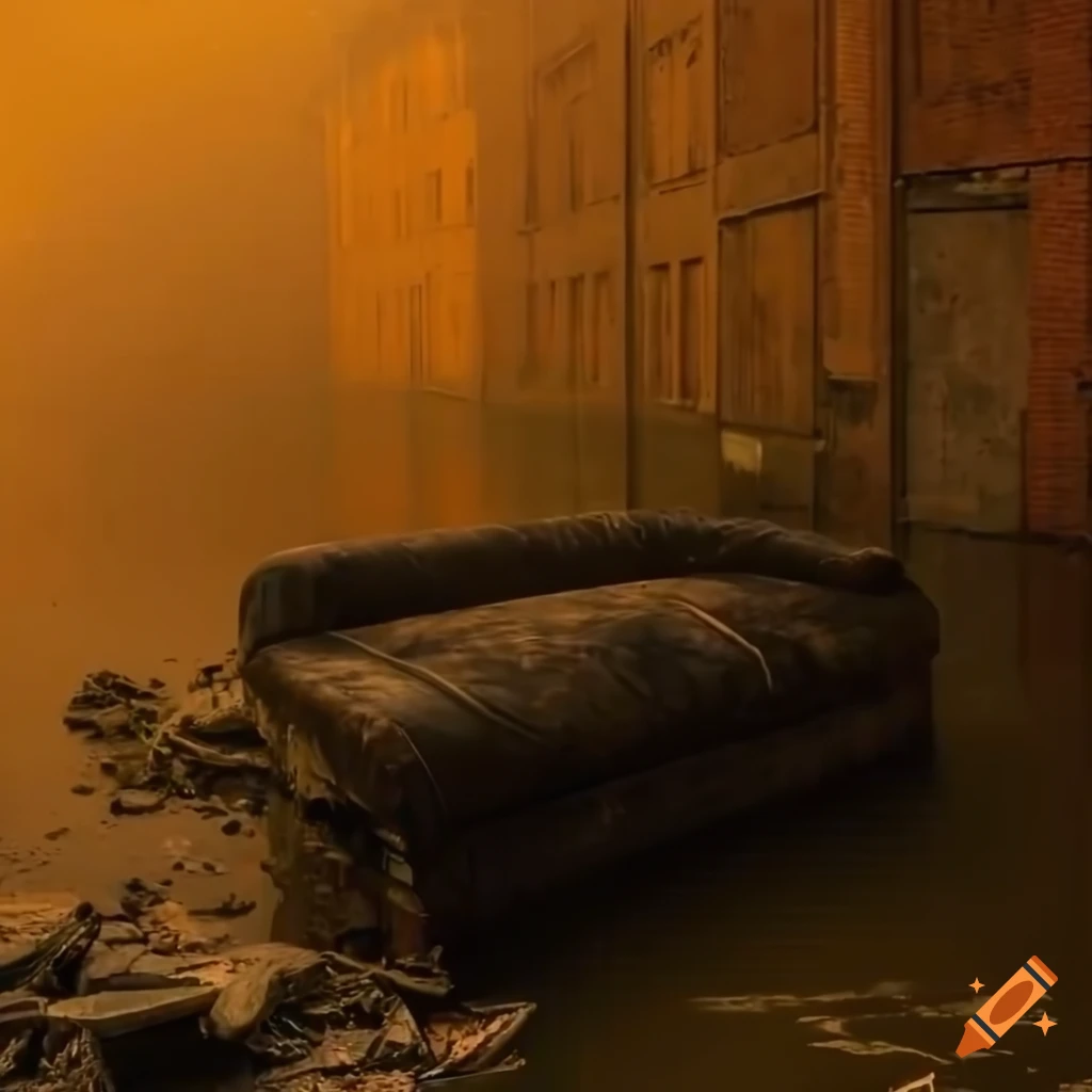 Close-up of destroyed leather couch surrounded by tires on flooded ...