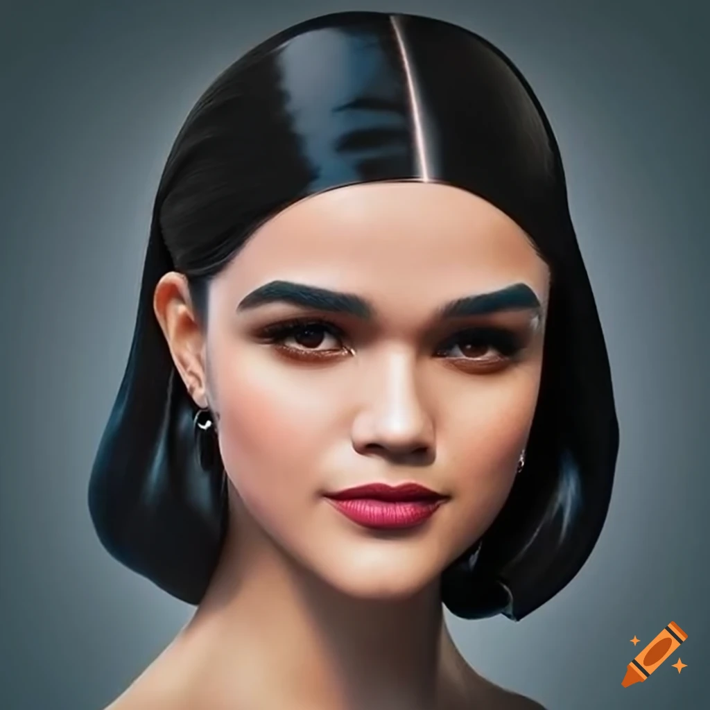 High resolution portrait of rachel zegler with symmetrical brown eyes and black latex top on Craiyon