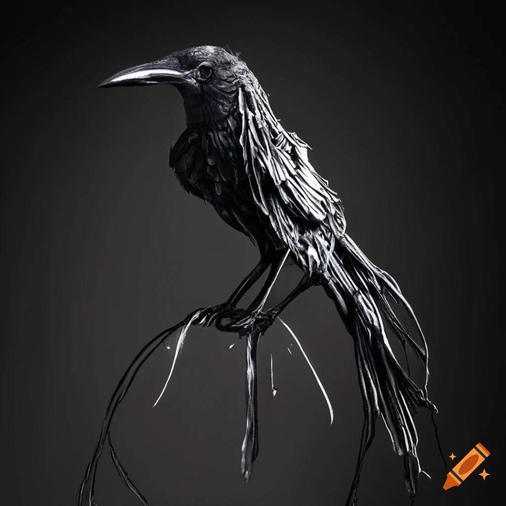 Biomechanical decomposed flying crow made of mesh, wires, and dripping ...