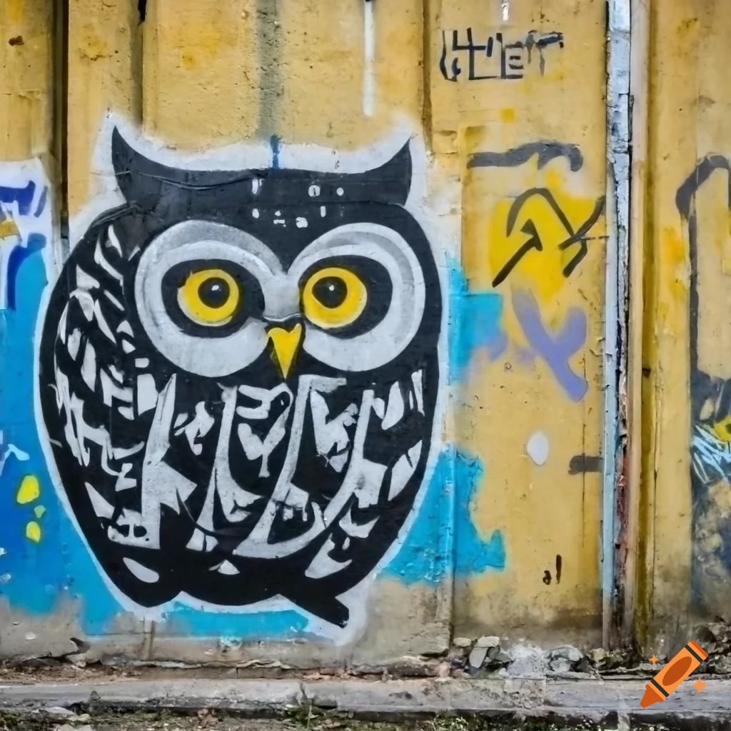 Graffiti drawing of an owl on a branch in an alley on Craiyon