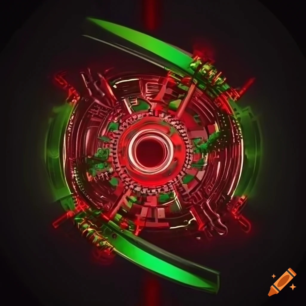 Intricately detailed mechanical design with red and green accents on ...