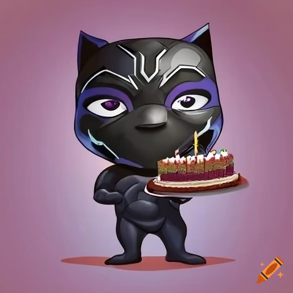 Cartoon black panther holding a birthday cake on Craiyon