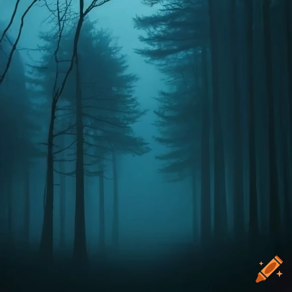 Foggy forest scene at night on Craiyon