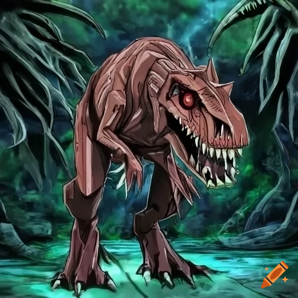 Brown t-rex with powerful body and red eyes in a dark jungle on Craiyon