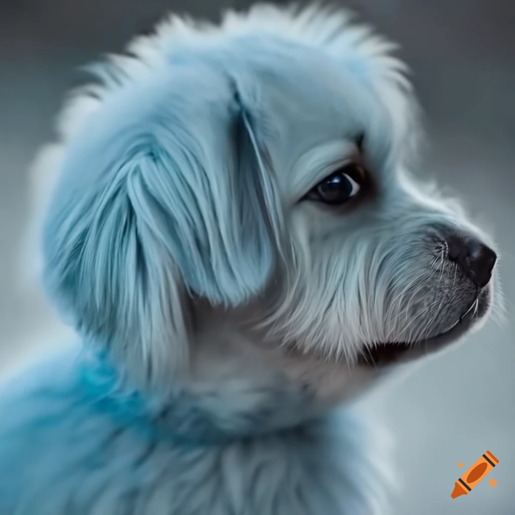 Profile of a cute baby dog with light blue fluffy fur on Craiyon