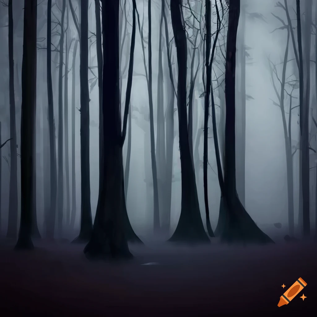 Forest scene with spooky mist and tall trees during dusk on Craiyon