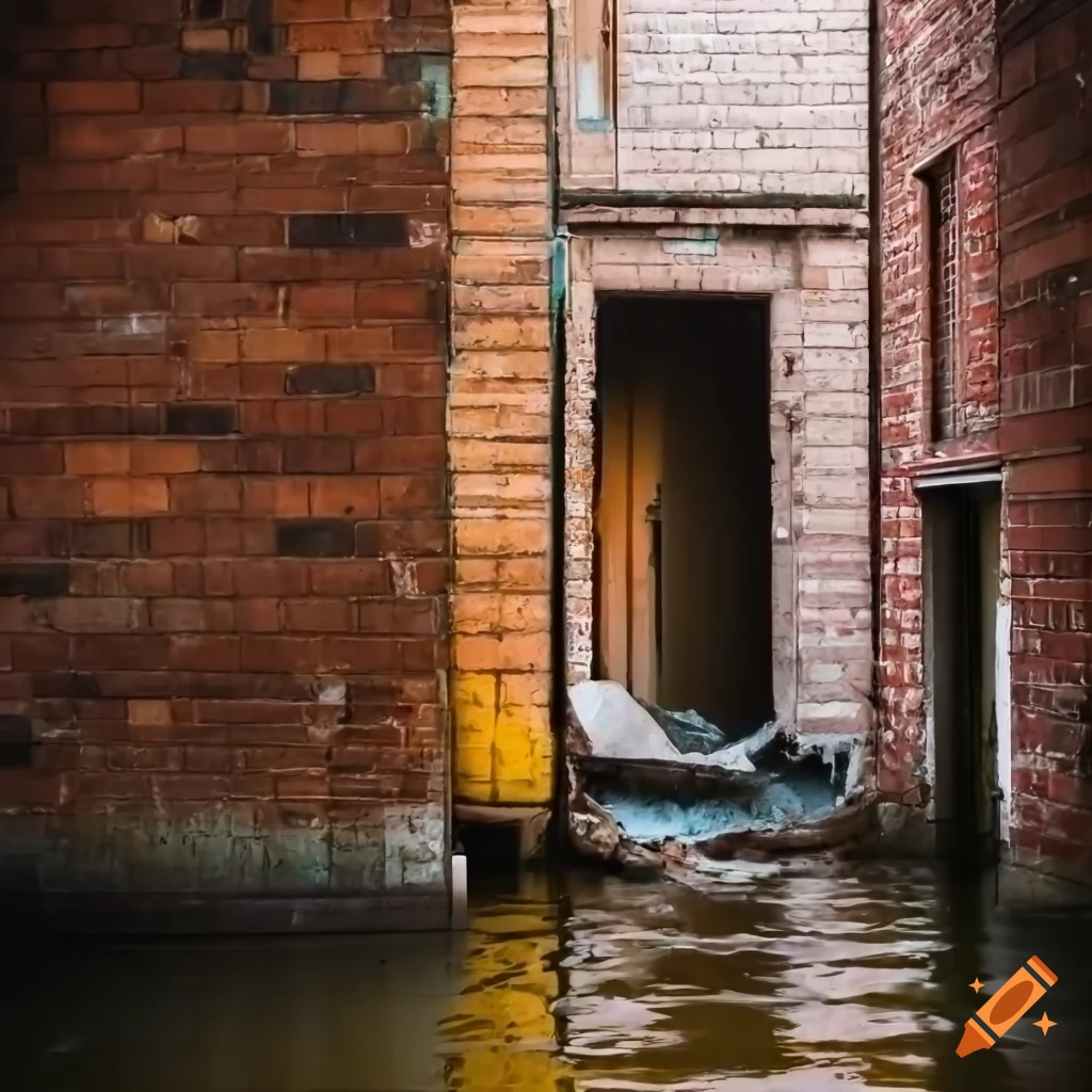 Close-up of flooded door with abandoned buildings sinking into ocean in ...