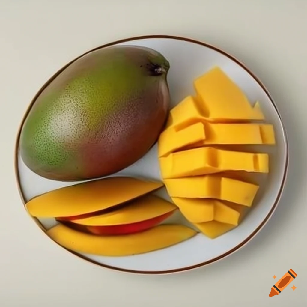 Whole and cut mangoes on a plate on Craiyon