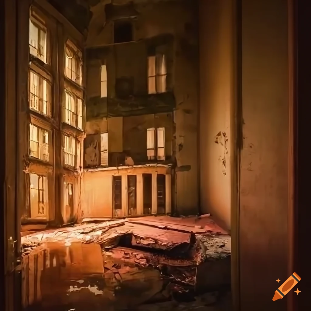 Destroyed pink velvet couch in flooded penthouse surrounded by sinking ...