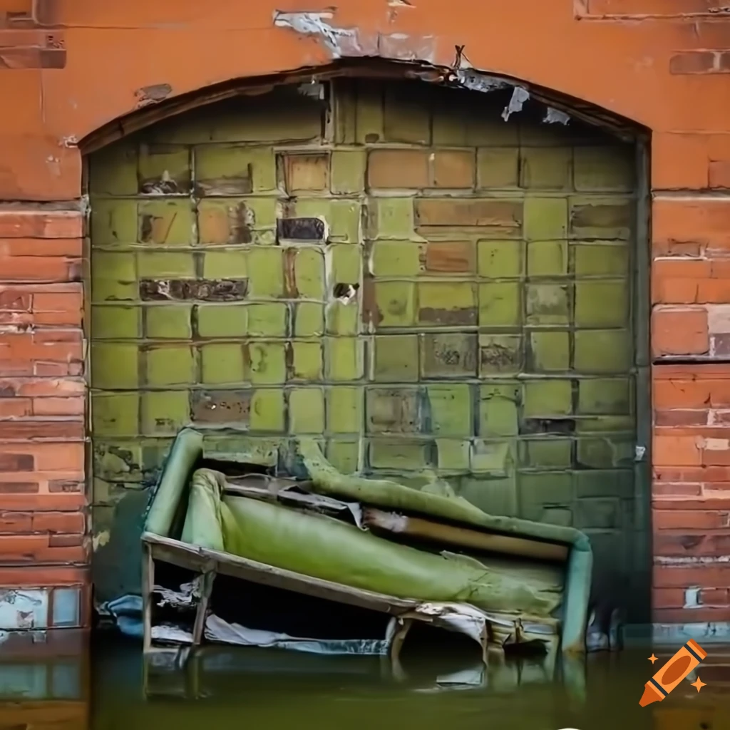 Destroyed olive green leather couch in flooded doorway with sinking ...