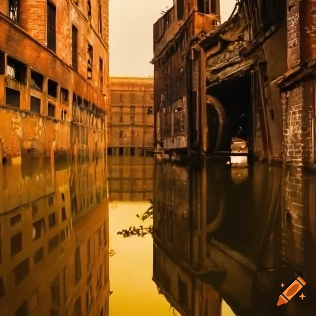 Close-up of destroyed boxes and tires in flooded industrial rooftop ...