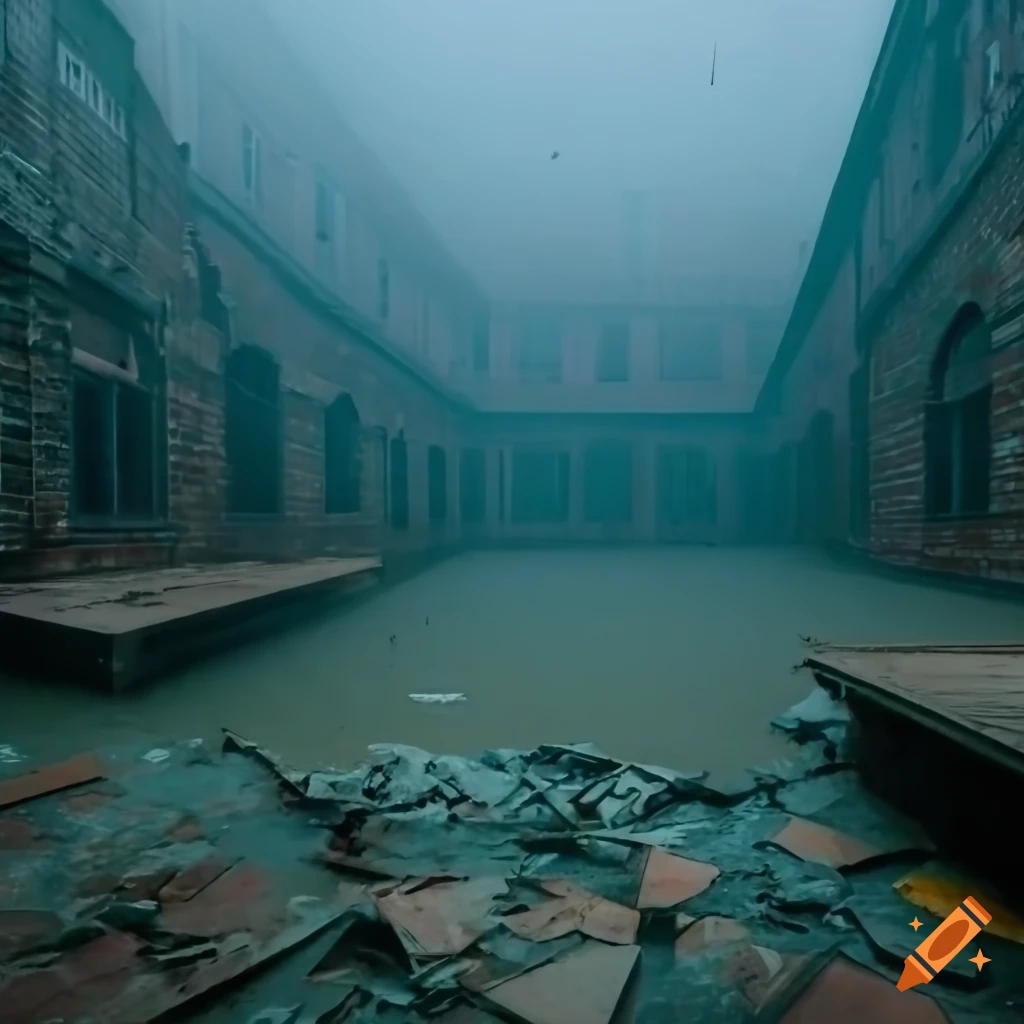 Flooded rooftop with sinking brick buildings in a golden-orange fog on ...