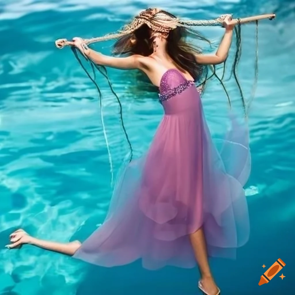 Swimming inspired dress with lane rope train and pool items on Craiyon