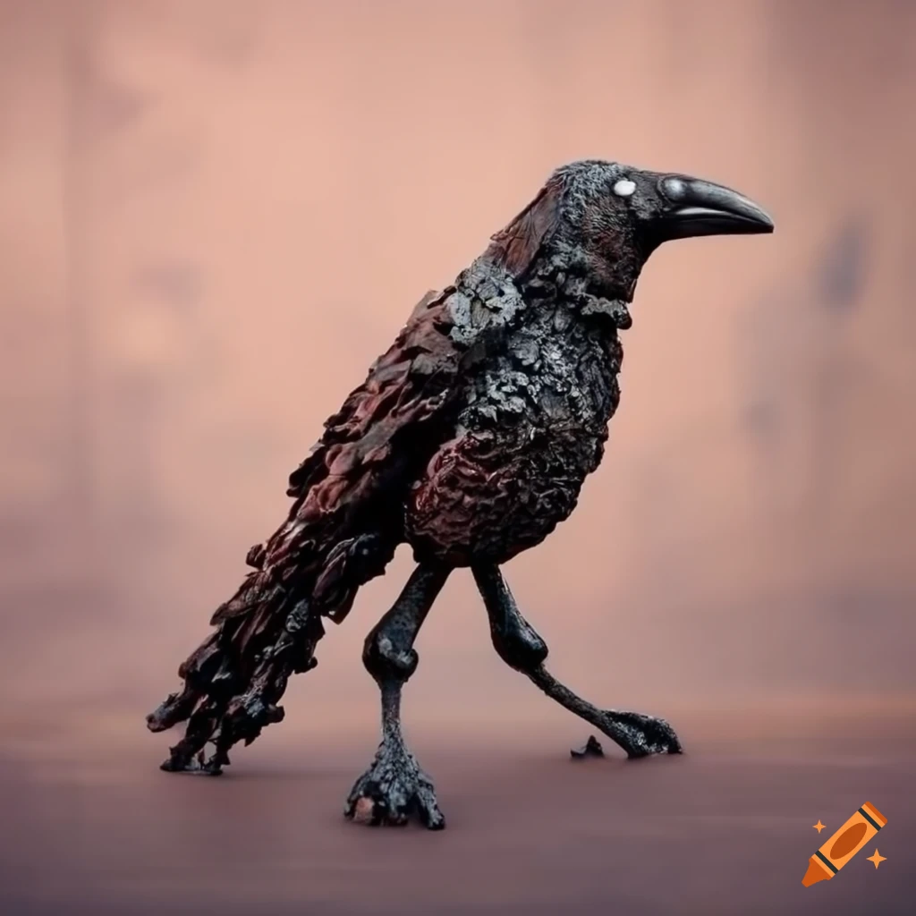 Crow sculpture made of oxidized scrap metal covered in moss and lichen ...