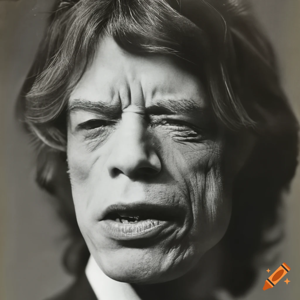 Vintage close-up portrait of Mick Jagger in sharp attire, black and ...