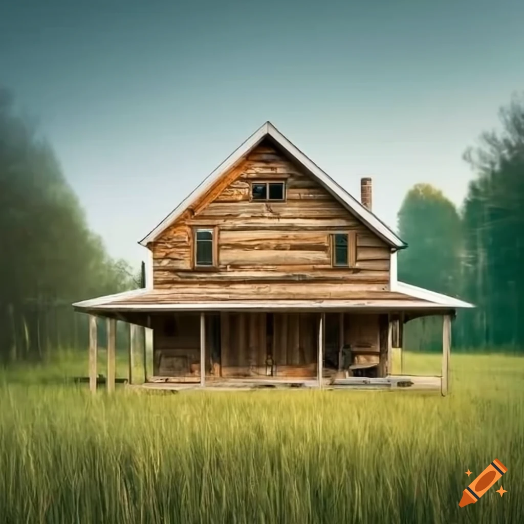 Rustic rundown wooden farmhouse with porch and metal roof in grasslands ...