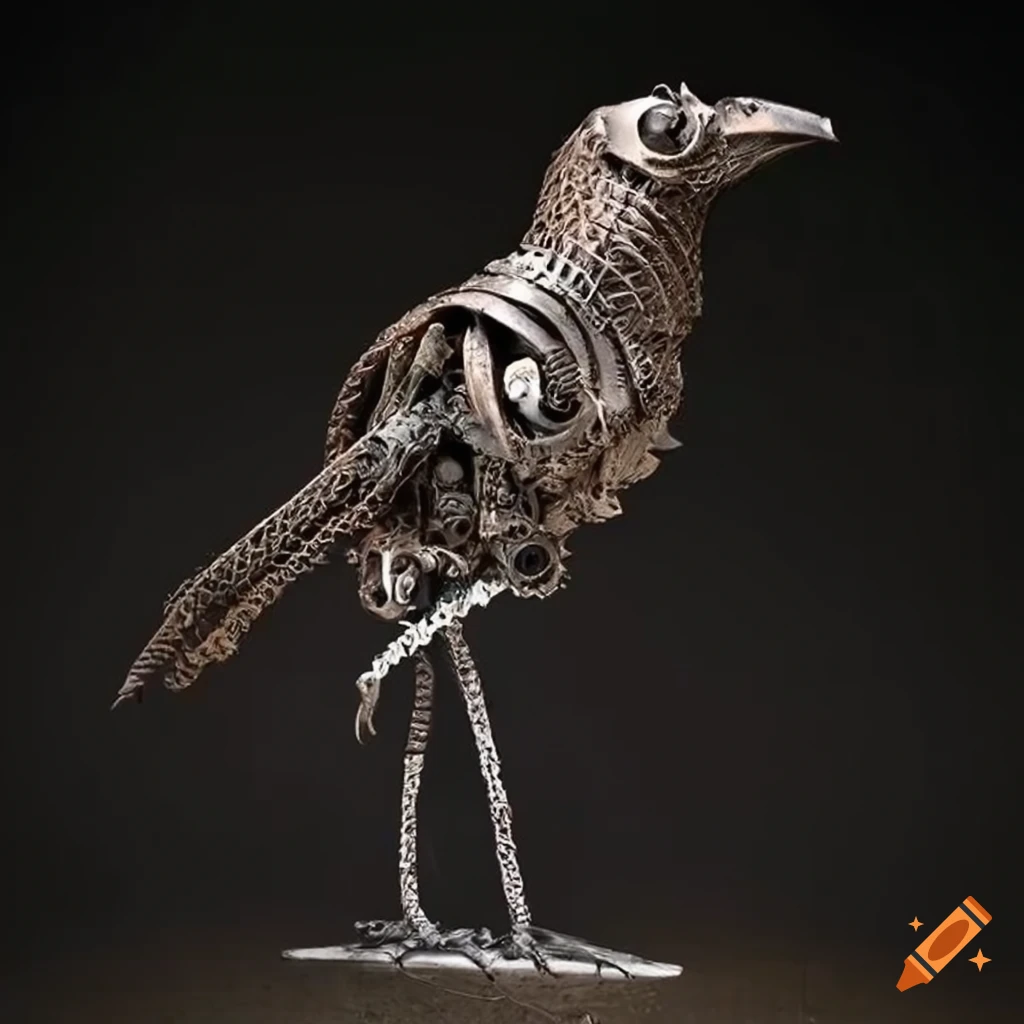 Biomechanical corroded crow sculpture crafted from scrap metal on Craiyon